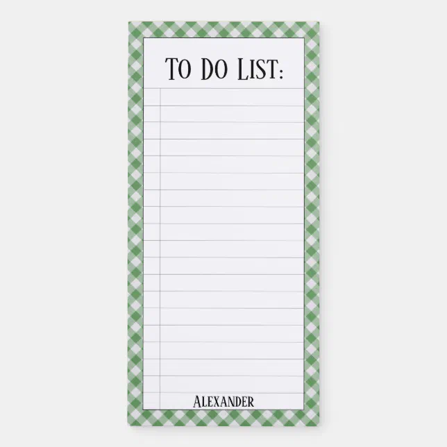 To Do List: Green/White Gingham Checks Pattern Magnetic Notepad | Zazzle