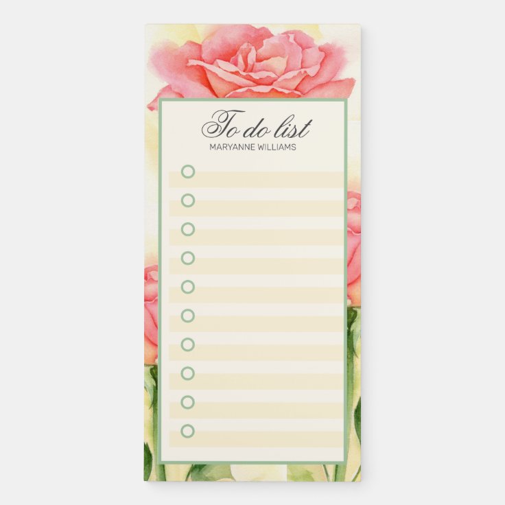 To Do List Name Pink Rose Floral Watercolor Stripe Magnetic Notepad ...