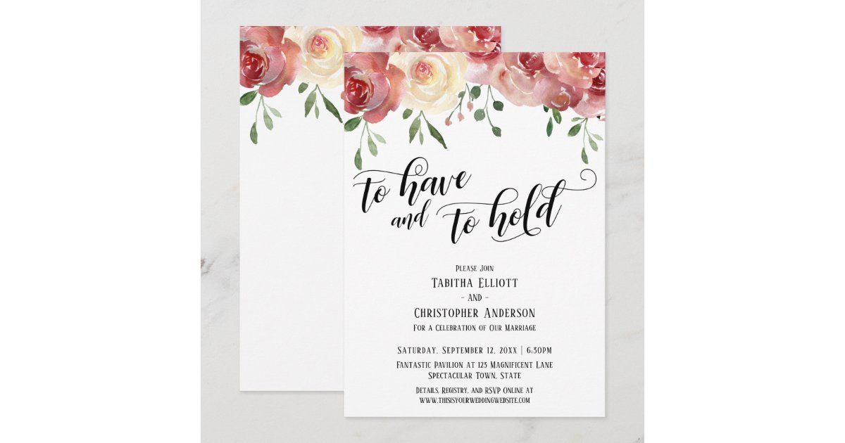 To Have and to Hold Script, Burgundy, Blush Roses Invitation | Zazzle