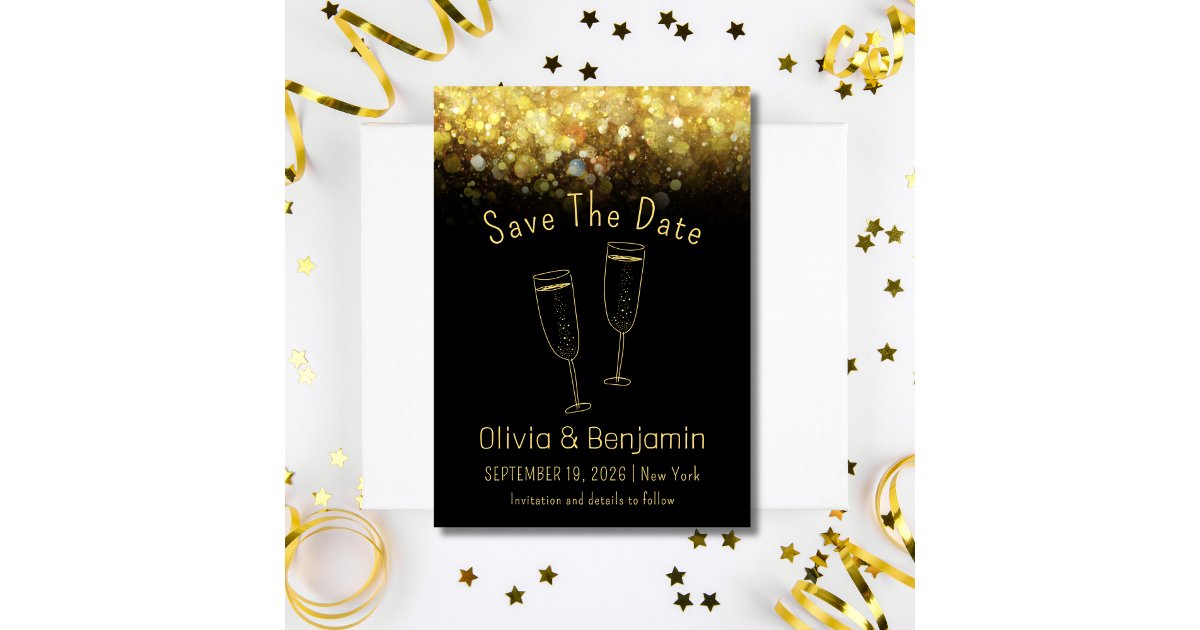 Toast Gold Glitter Black Wedding Save The Date Invitation | Zazzle