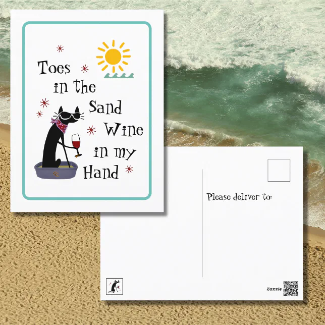 Toes in the Sand Wine in My Hand Funny Beach Cat Postcard | Zazzle
