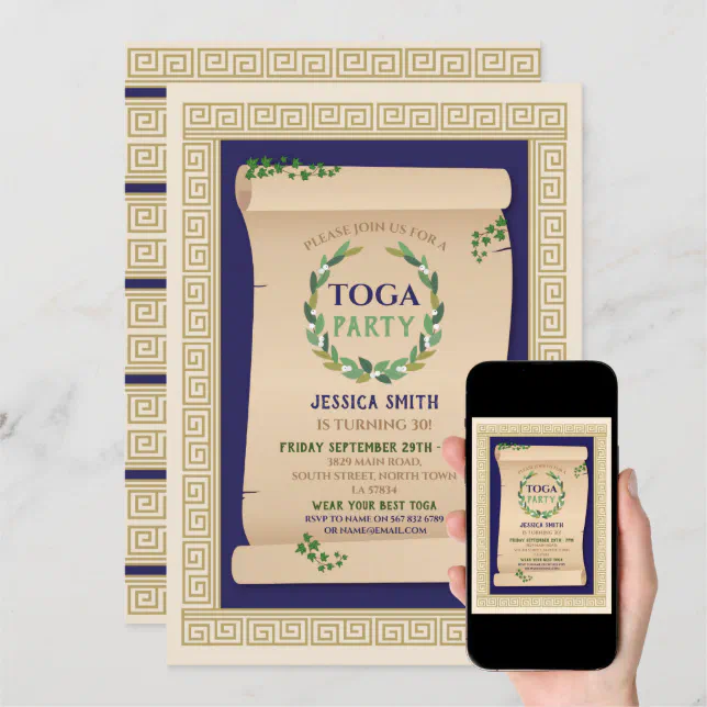 Toga Party Ancient Roman Birthday Ivy Scroll Invitation | Zazzle