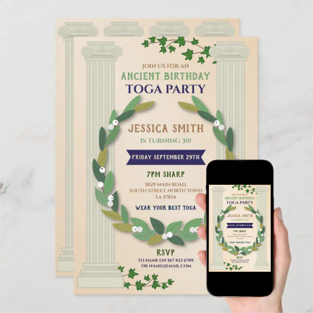 Toga Party Birthday Ivy Scroll Ancient Roman Invitation | Zazzle