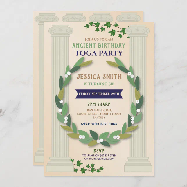 Toga Party Birthday Ivy Scroll Ancient Roman Invitation | Zazzle