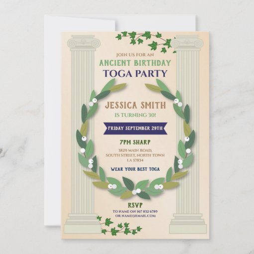 Toga Party Birthday Ivy Scroll Ancient Roman Invitation | Zazzle