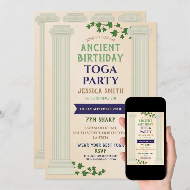 Toga Party Birthday Roman Ivy Scroll Ancient Invitation | Zazzle