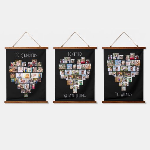 Together Family Name Heart Shape 87 Photo Collage Hanging Tapestry | Zazzle