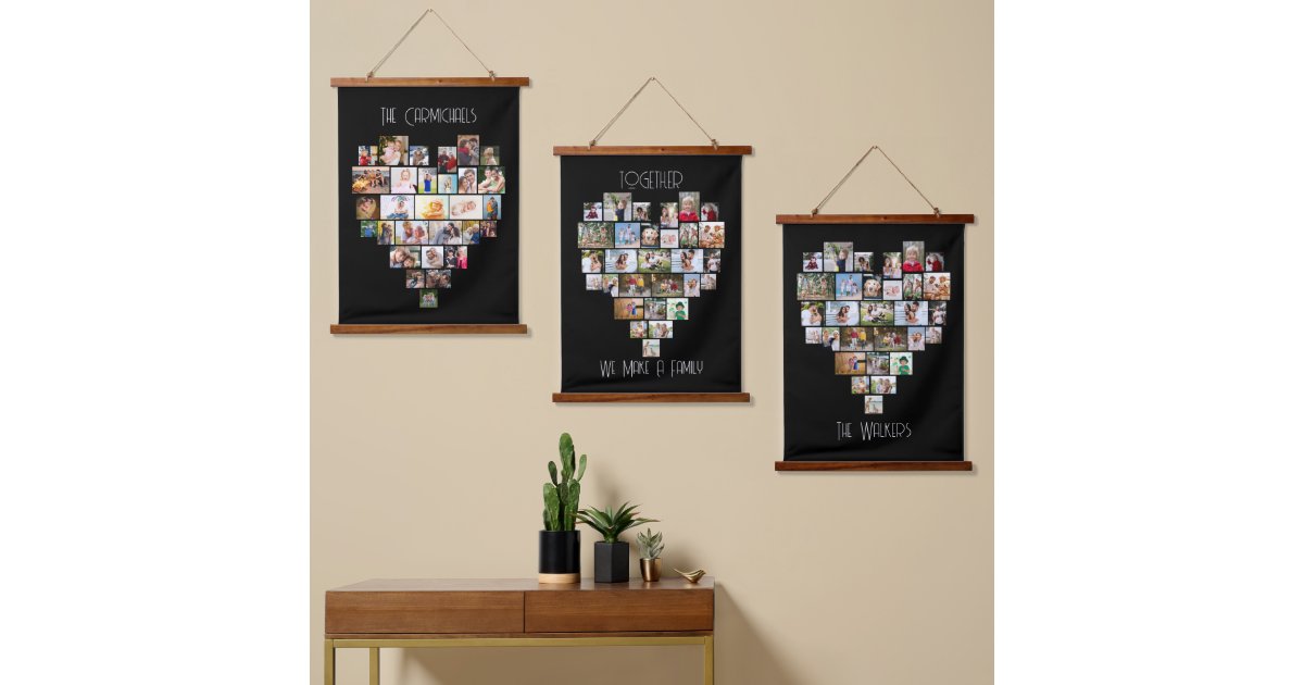 Together Family Name Heart Shape 87 Photo Collage Hanging Tapestry | Zazzle