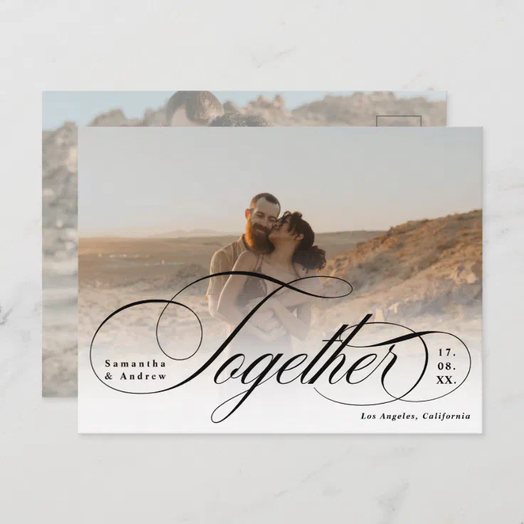 Together script elegant 2 photos save the date postcard | Zazzle