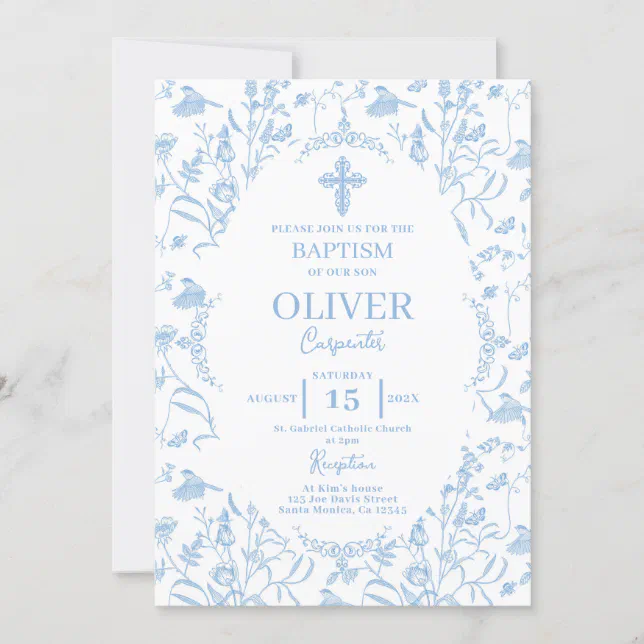 Toile Blue Baptism Invitation | Zazzle
