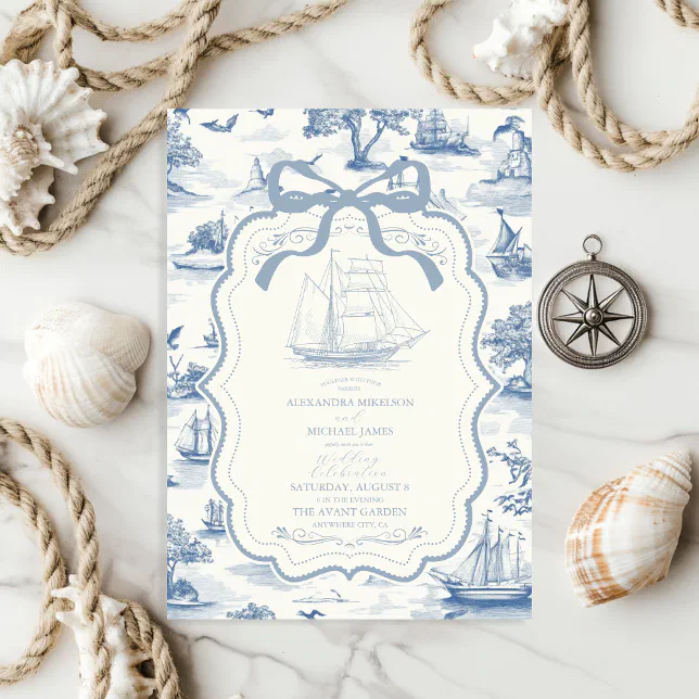 Toile Chic Nautical Bow Wedding Invitation | Zazzle