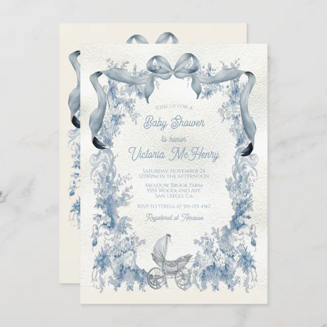 Toile De Joey Floral Bow Baby Shower Invitation | Zazzle