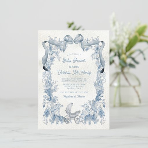 Toile De Joey Floral Bow Baby Shower Invitation | Zazzle