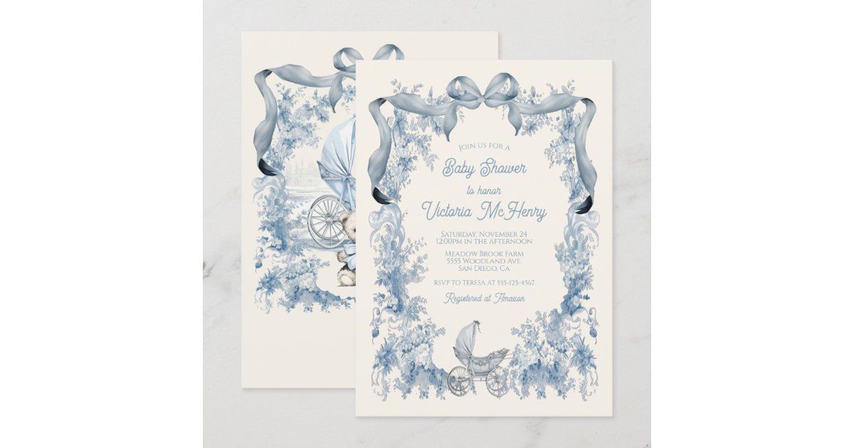 Toile De Joey Floral Bow Baby Shower Invitation | Zazzle