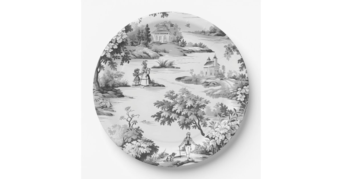 Toile de jouy,black and white,porcelain, paper plates | Zazzle