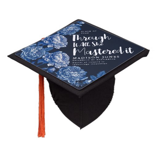 Toile De Jouy Bue Peony She Mastered It Graduation Cap Topper | Zazzle