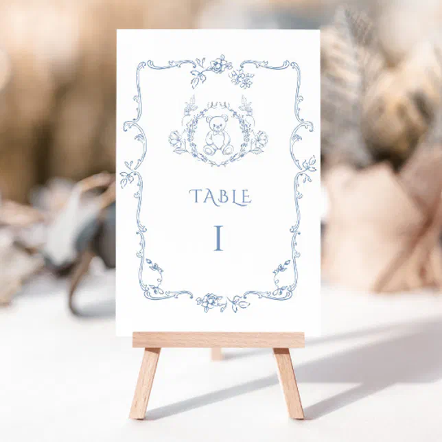 Toile de Jouy elegant vintage frame teddy bear Table Number | Zazzle