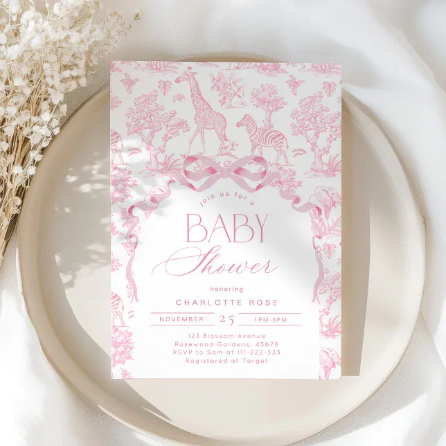 Toile de Jouy Pink Safari animals Baby shower Invitation | Zazzle