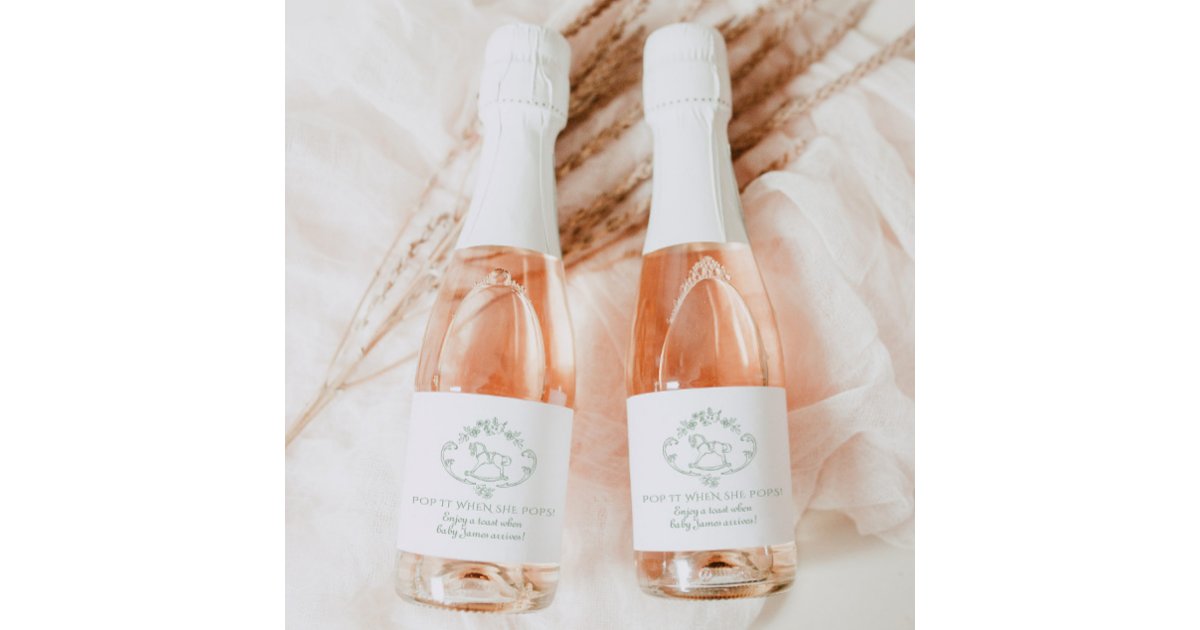Toile de jouy Sage green Pop it when she pops Sparkling Wine Label | Zazzle