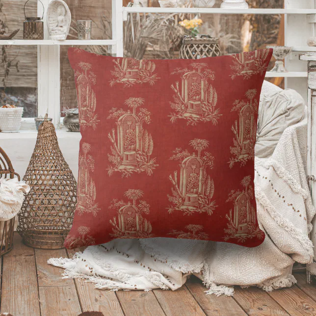 Toile de jouy Vintage French Country Red Linen Throw Pillow | Zazzle