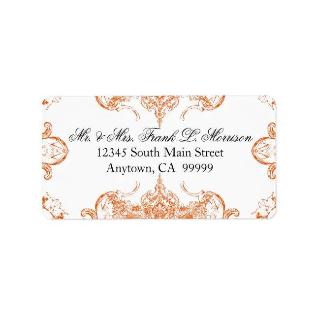 Toile Orange n White Damask Swirl Wedding Labels | Zazzle