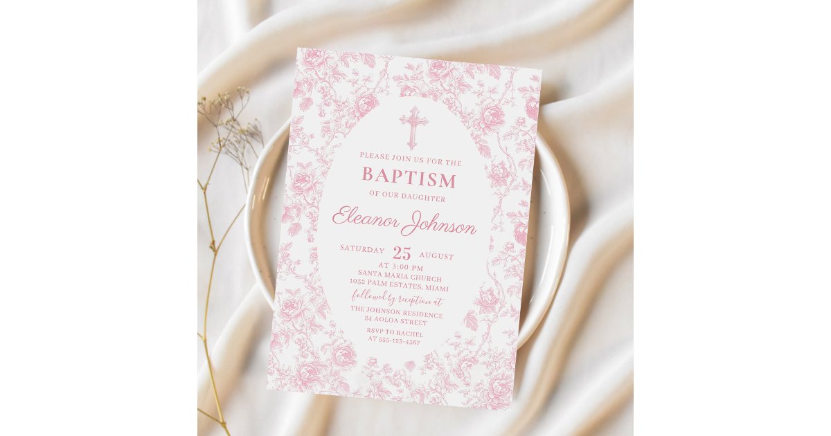 Toile Pink Bow Baptism Girl Invitation | Zazzle