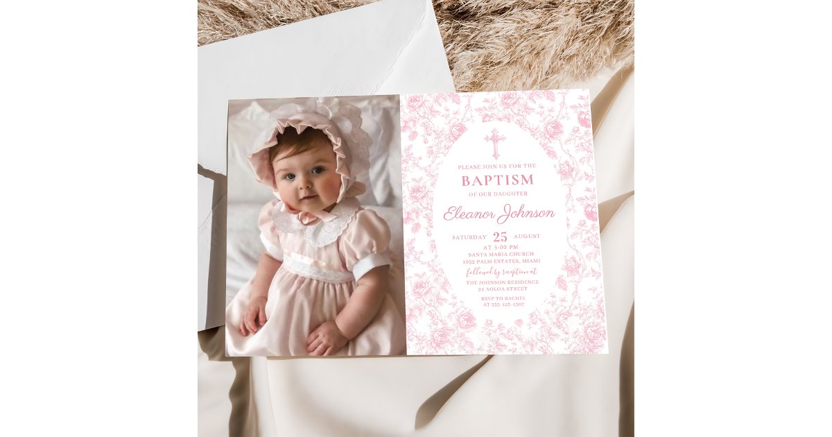 Toile Pink Bow Baptism Girl Photo Invitation | Zazzle