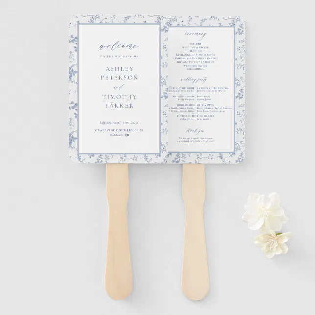Toile Victorian Blue Floral Wedding Ceremony Hand Fan | Zazzle