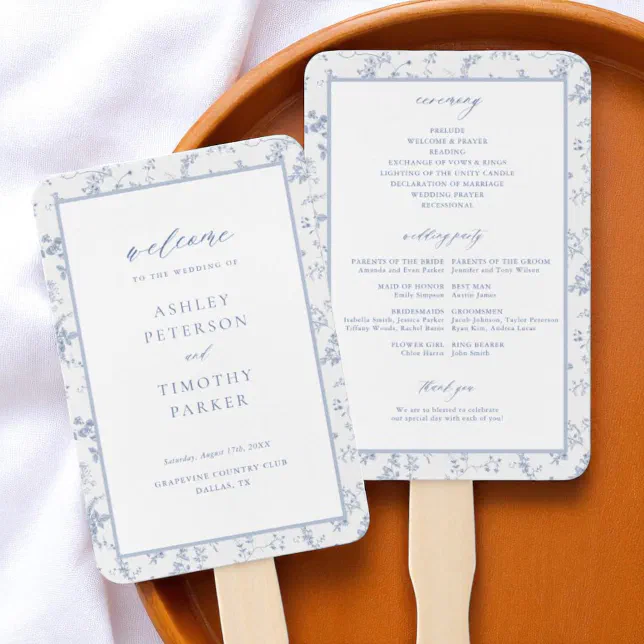 Toile Victorian Blue Floral Wedding Ceremony Hand Fan | Zazzle