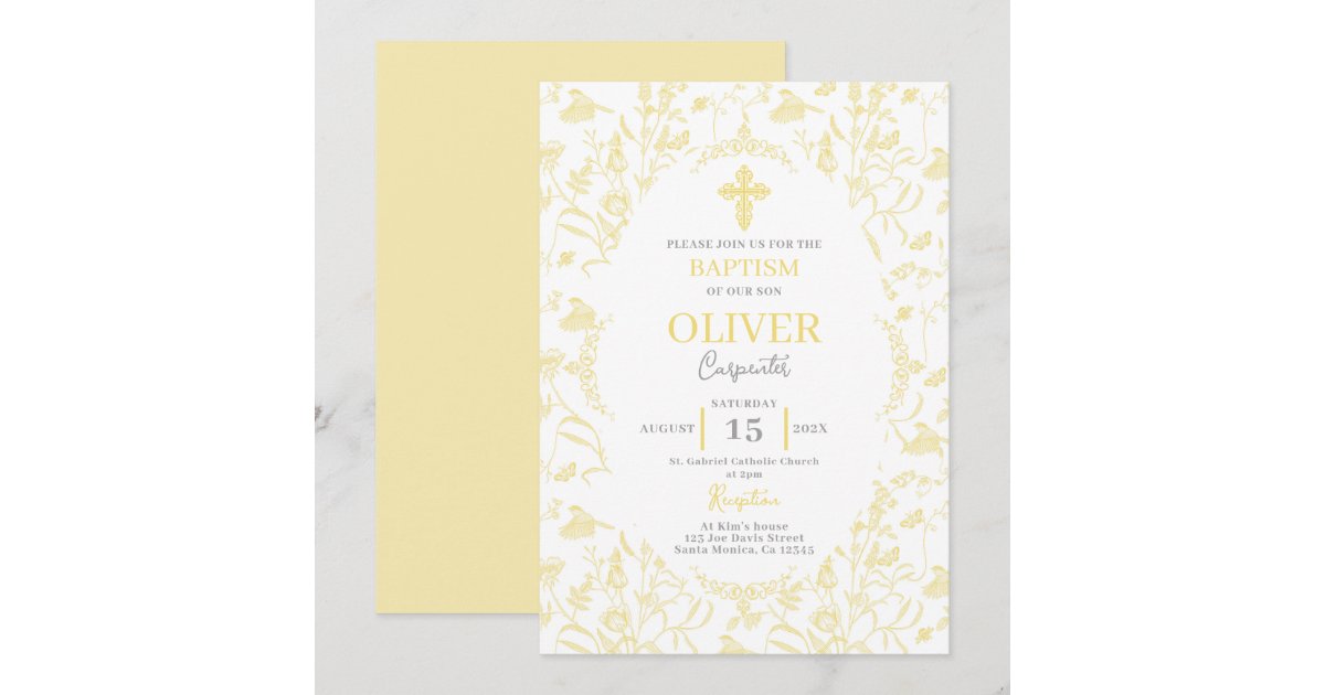 Toile yellow Baptism Invitation | Zazzle