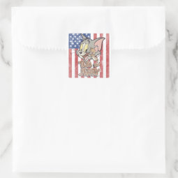 Tom & Jerry With US Flag Square Sticker | Zazzle