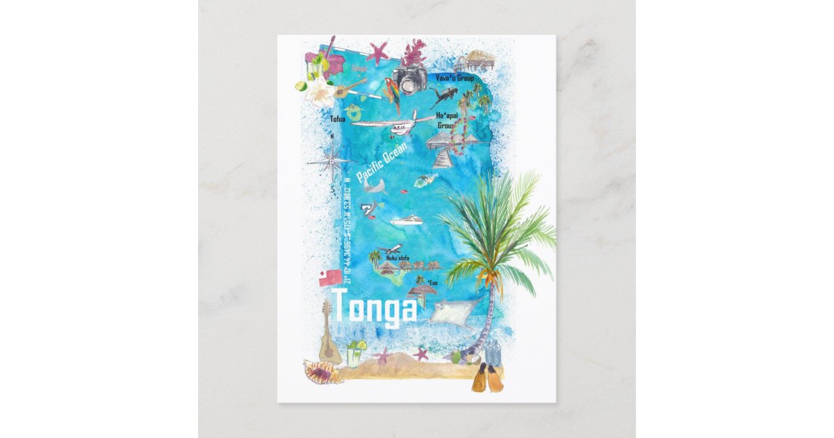 Tonga Polynesia Illustrated Travel Map Postcard | Zazzle