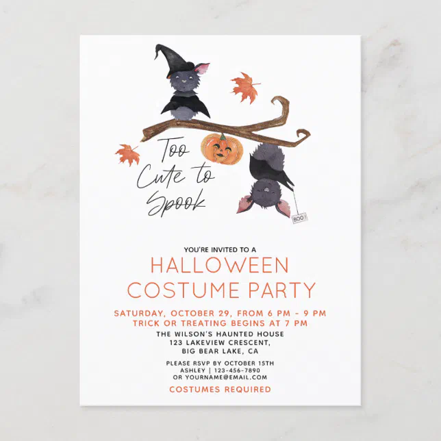 Too Cute to Spook Halloween Costume Party Invitation Postcard | Zazzle