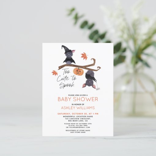 Too Cute to Spook Watercolor Bats Baby Shower Invitation Postcard | Zazzle
