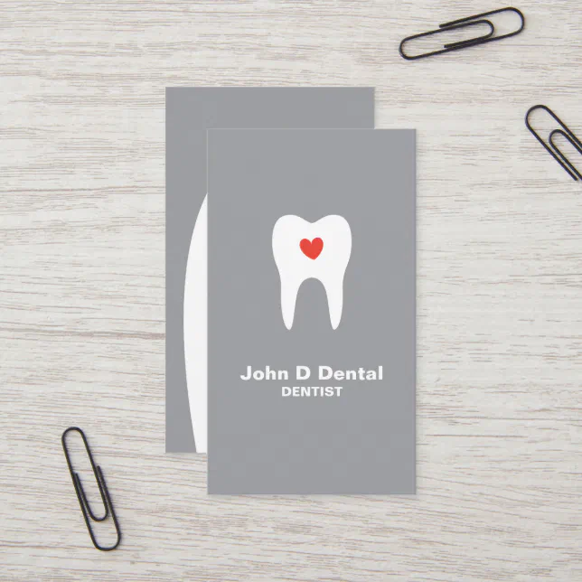 Tooth and heart gray dental dentist business card | Zazzle