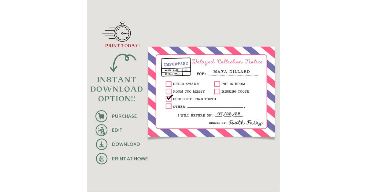 Tooth Fairy Delay Notification Printable Invitation | Zazzle