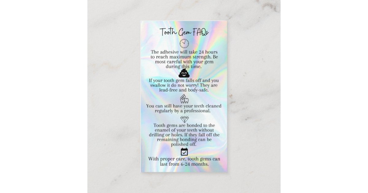 Tooth Gem Aftercare Instruction Card | Zazzle