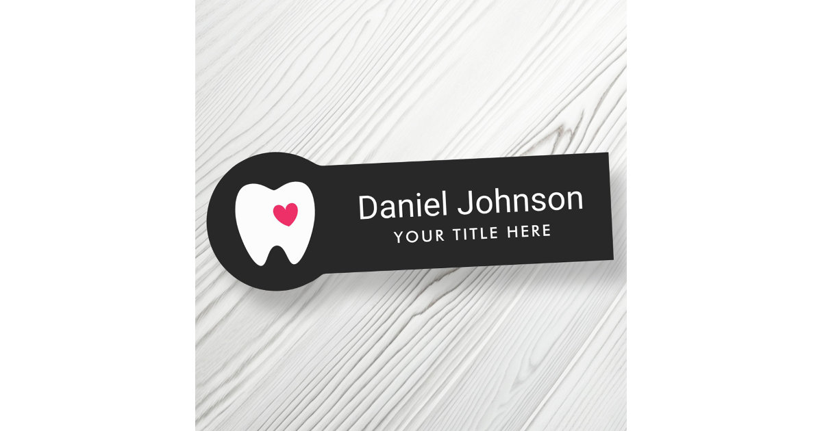 Tooth with red heart black dentist dental name tag | Zazzle