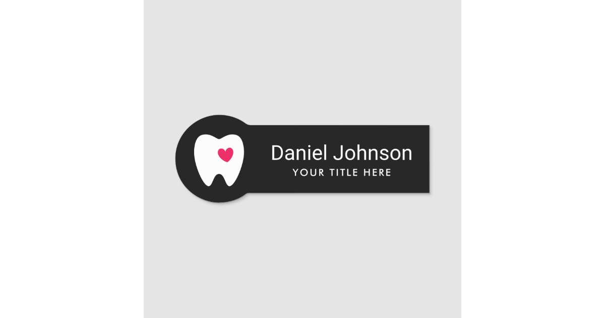Tooth with red heart black dentist dental name tag | Zazzle