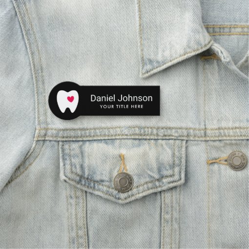 Tooth with red heart black dentist dental name tag | Zazzle