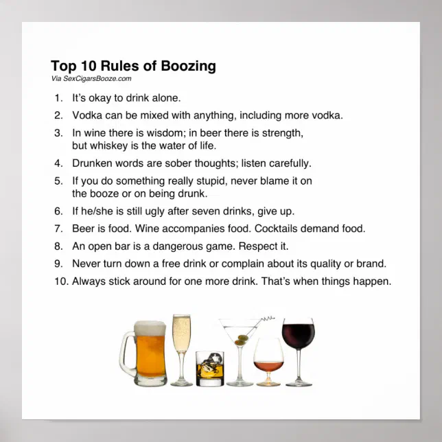Top 10 Rules of Boozing Poster | Zazzle