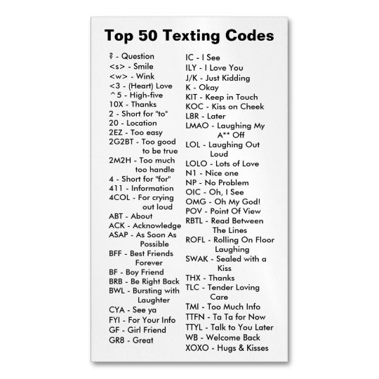 Top 50 Texting Codes Magnet Card | Zazzle.com