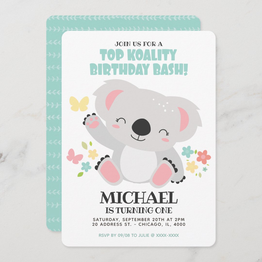 Top Koality Baby Koala Birthday Invitation | Zazzle