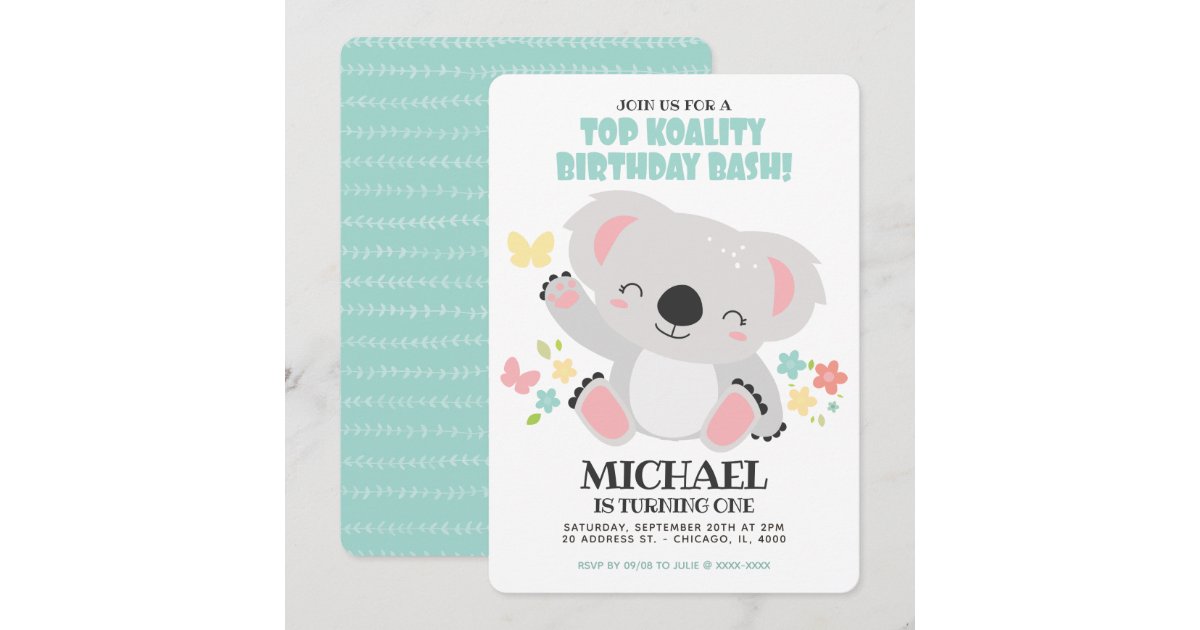 Top Koality Baby Koala Birthday Invitation | Zazzle