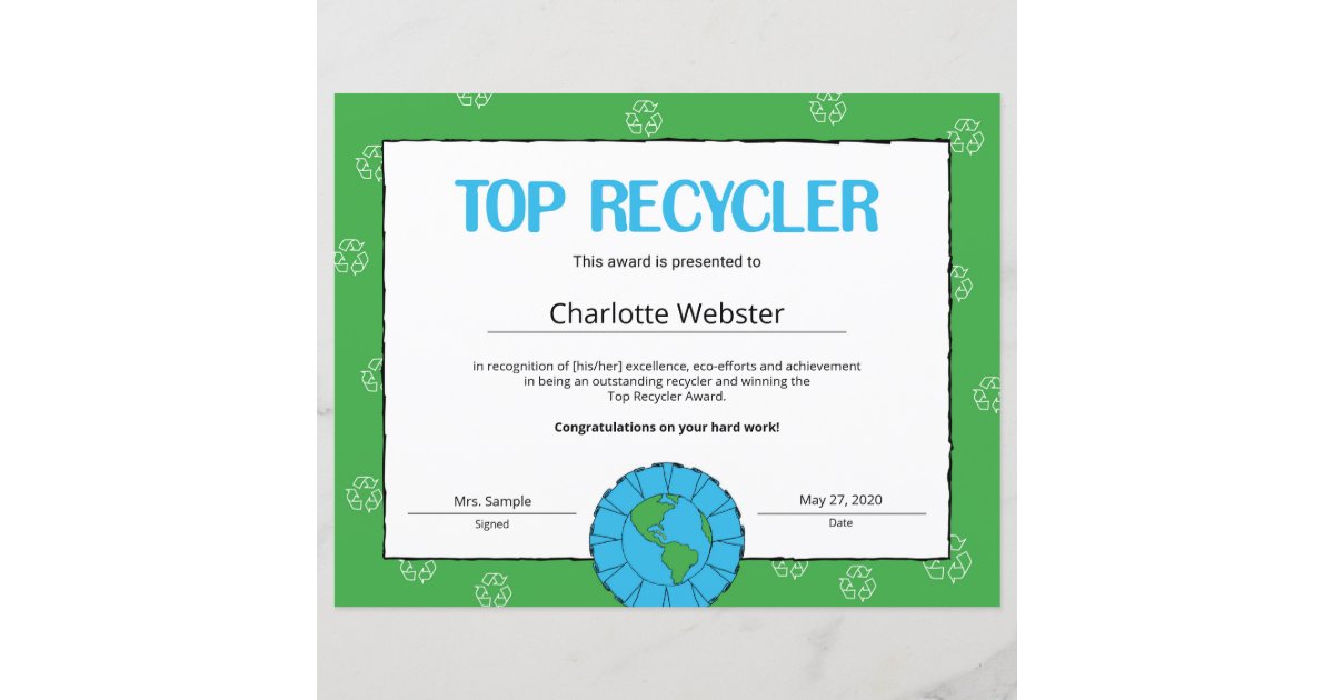 Top Recycler Certificate of Achievement PDF | Zazzle