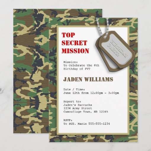 Top Secret Camouflage / Camo Birthday Party Invitation | Zazzle