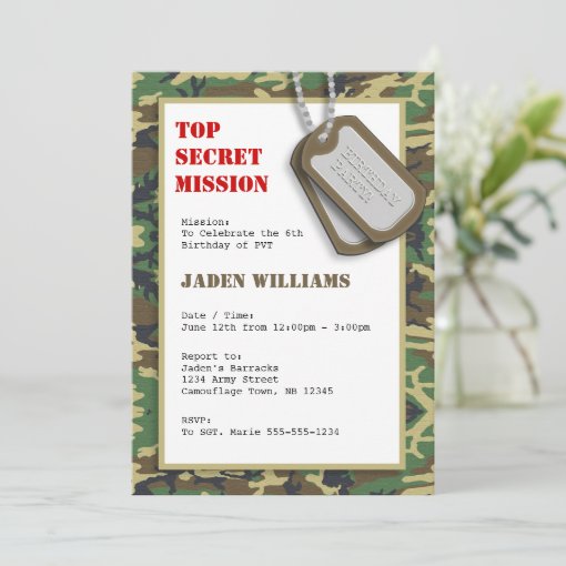 Top Secret Camouflage / Camo Birthday Party Invitation | Zazzle