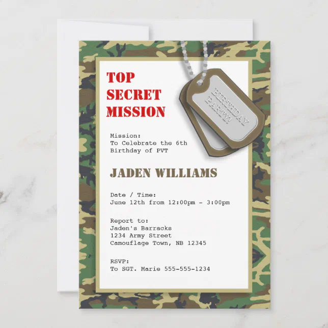 Top Secret Camouflage / Camo Birthday Party Invitation | Zazzle