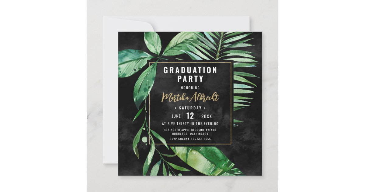 Topical Leaf | Green and Black | Photo Graduation Invitation | Zazzle