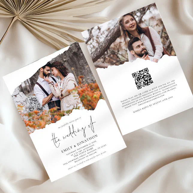 Torn Paper Effect 2 Photos QR Code Wedding Invitation | Zazzle
